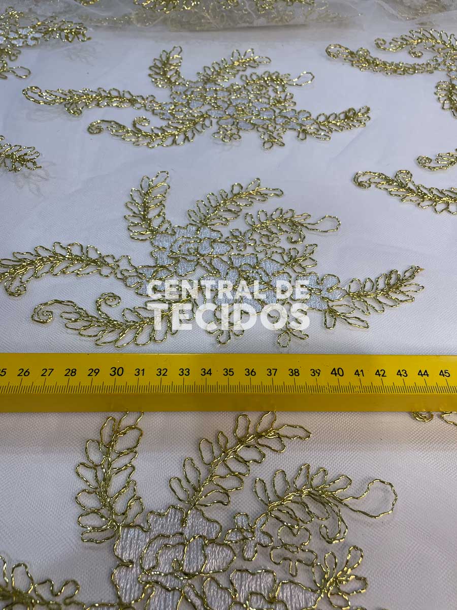 CENTRAL DE TECIDOS - Tule Bordado Branco com Dourado