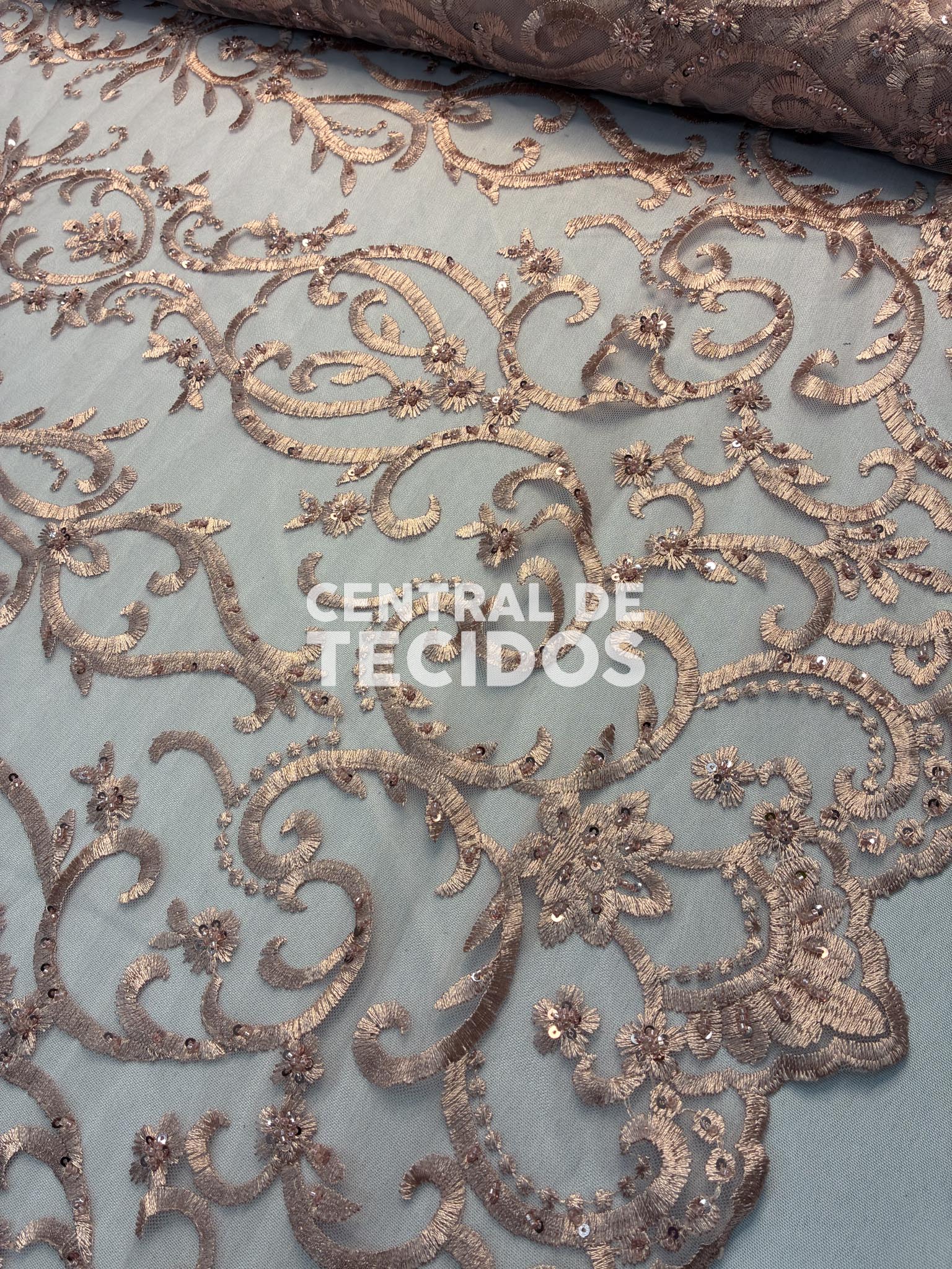 CENTRAL DE TECIDOS - Tule Bordado Pedraria Arabesc Rosé