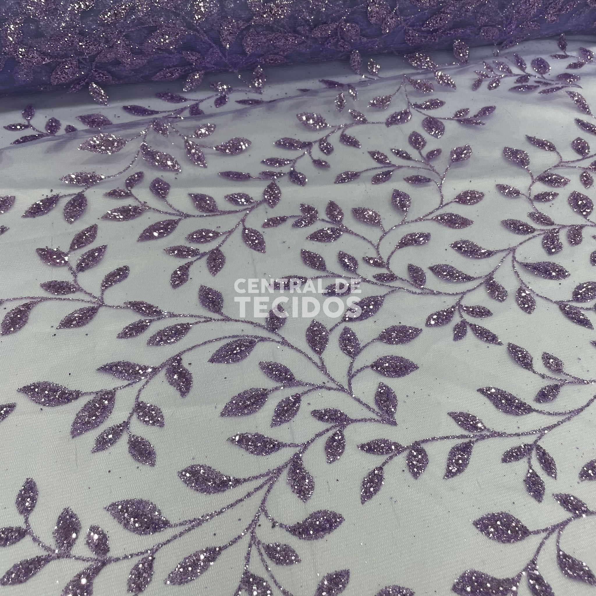 Tecido Tule Glitter com estampa em formato de folhas botânicas. Frete ...